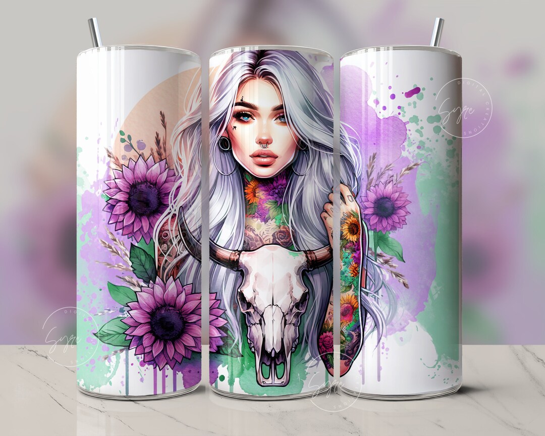 Sunflower Girl With Bull Skull, Western Affirmation Tumbler Wraps ...