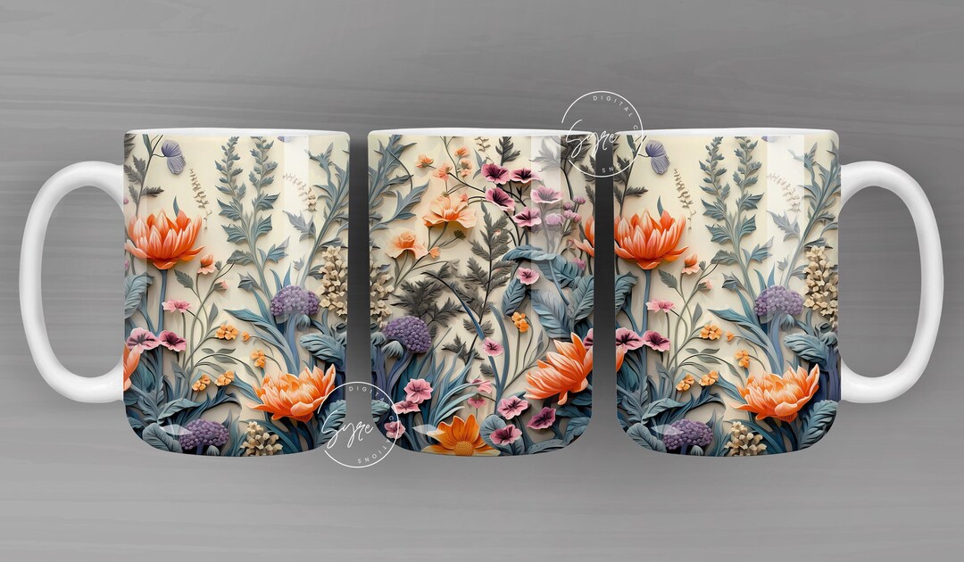 3D Flower Mug, Wild Flower Mug, Wedding Mug Design, Floral Mug PNG, 3D ...