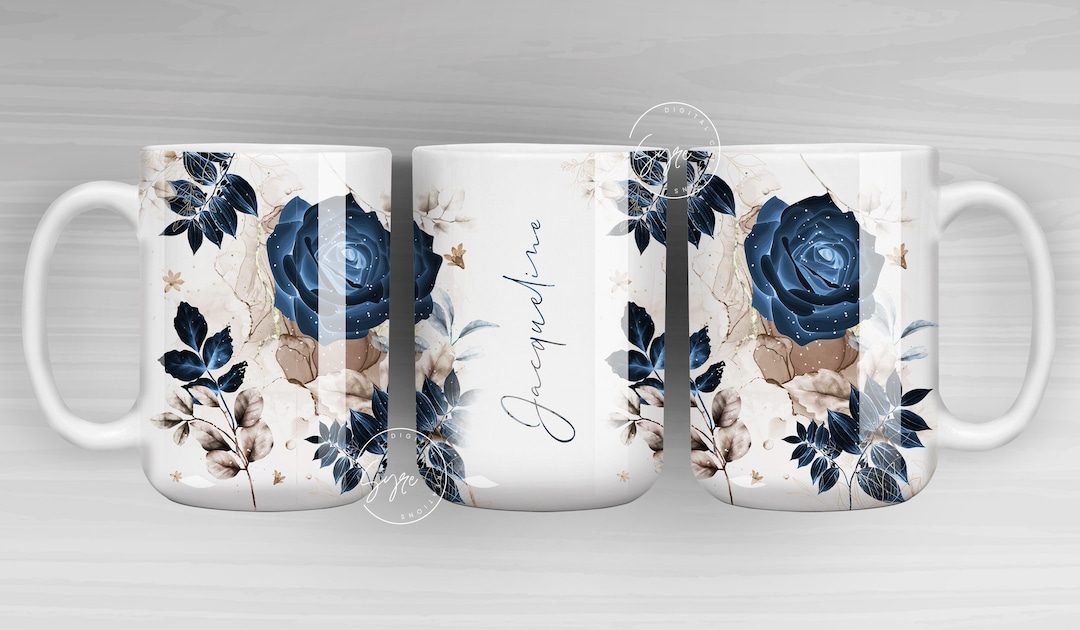 Add Your Own Name Mug Design, Navy Blue Gold Floral Sublimation Wrap ...