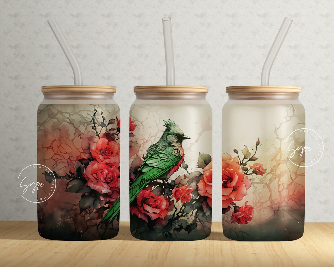 Quetzal Bird Alcohol Ink Floral Wrap, 16 Oz Libbey Glass Can Tumbler ...