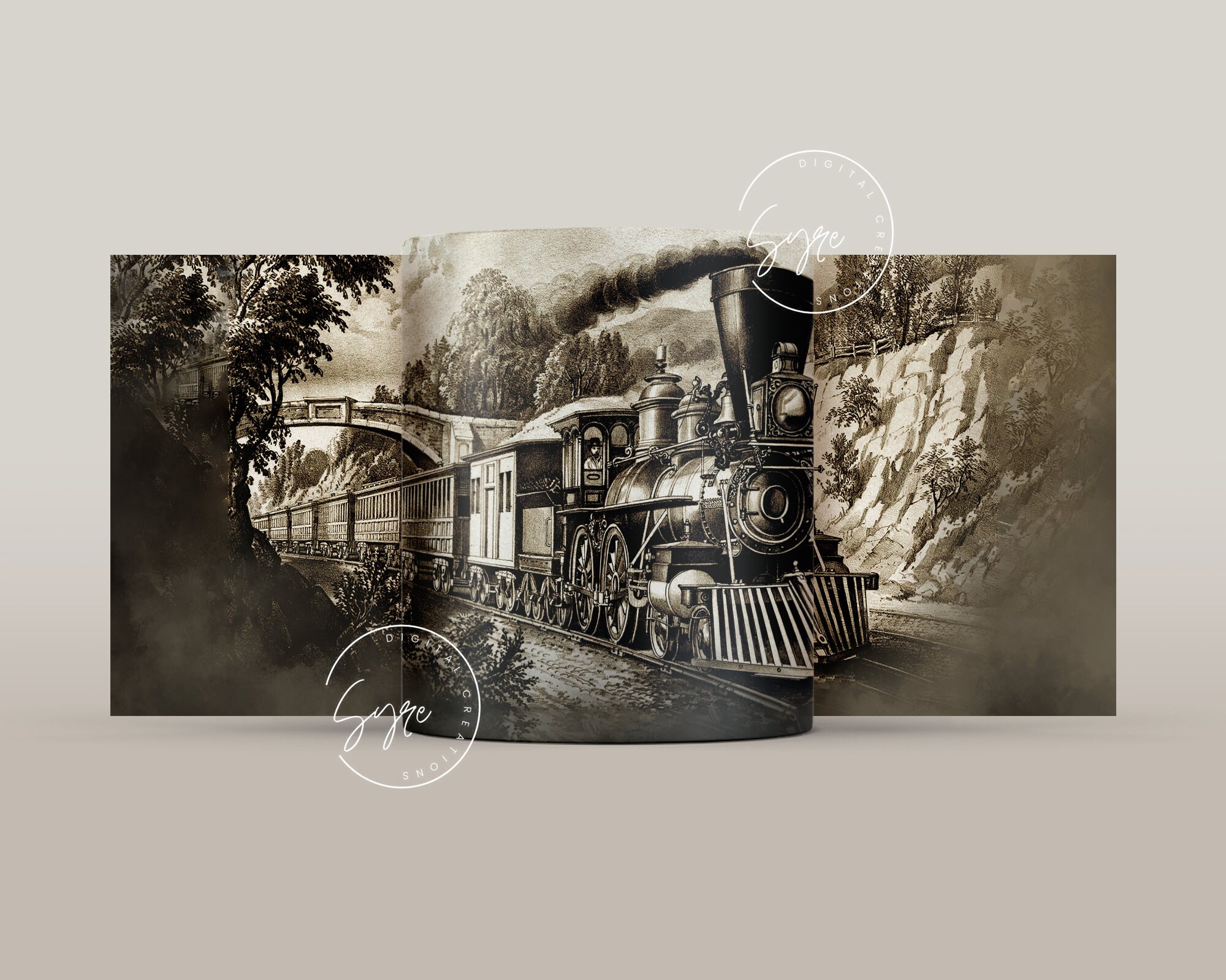 Vintage Train Mug Png, Retro Train, Train Painting Mug Wrap, Mug PNG ...