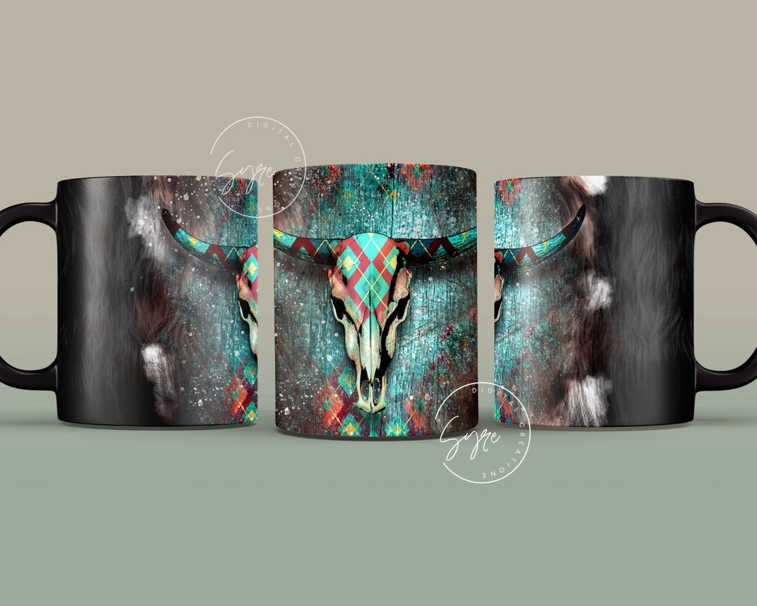 Western Aztec Cow Skull Mug Design Cow Hide Skull Western - Etsy