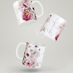 Floral Mug Wrap, Add Your Name Mug Design, Flower Sublimation Wrap, 11 ...