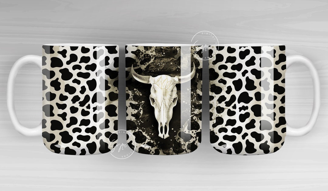 Cow Print Mug Design, Western Cow Boy Sublimation Wrap, Cow Skull Mug ...
