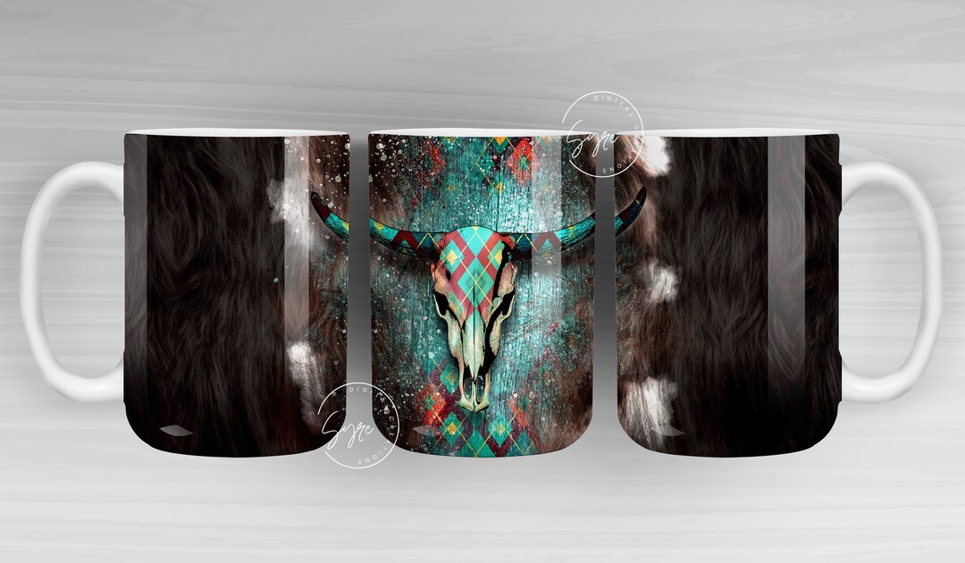 Western Aztec Cow Skull Mug Design, Cow Hide Skull Western Design ...