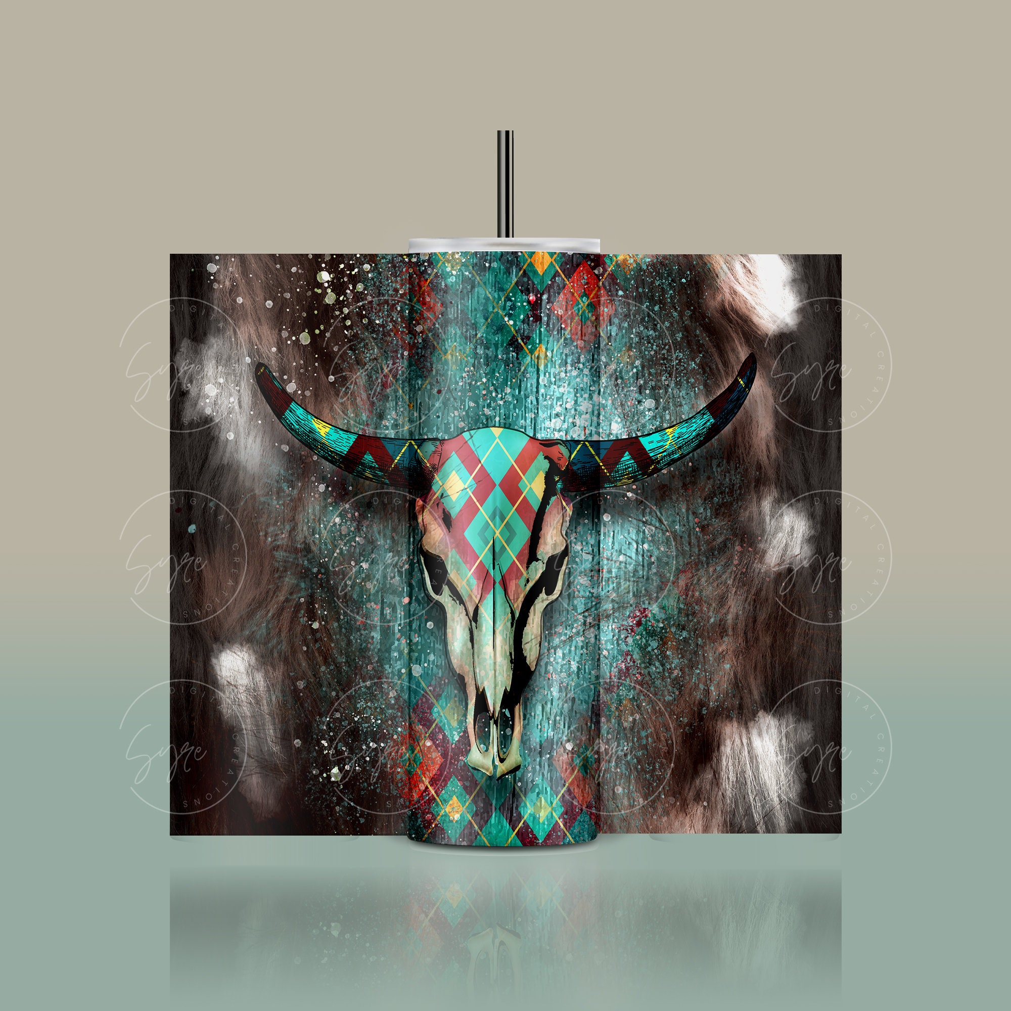 Western Aztec Cow Skull Png, Cow Hide Skull Western Tumbler Wrap ...
