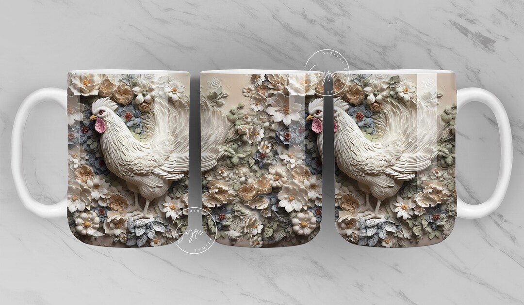 3D Rooster Mug, Floral Mug Wrap, Chicken Mug Design, 3D Flower Mug, 3D ...