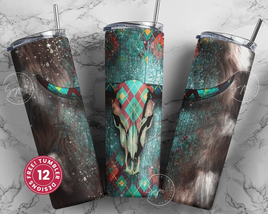 Western Aztec Cow Skull Png, Cow Hide Skull Western Tumbler Wrap ...
