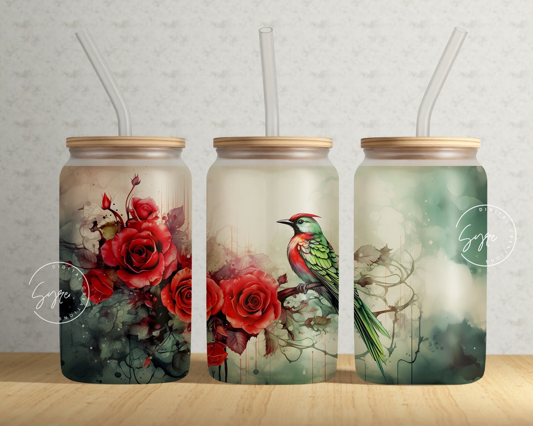 Quetzal Bird Alcohol Ink Floral Wrap, 16 Oz Libbey Glass Can Tumbler ...