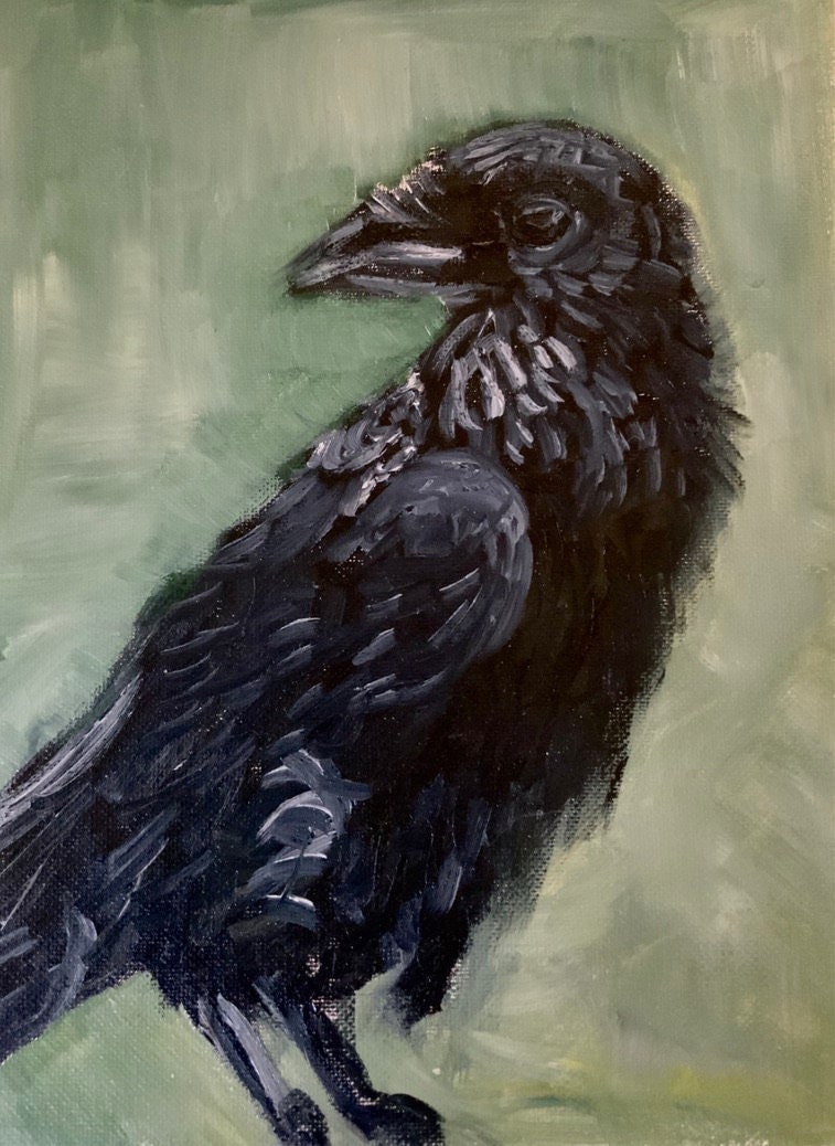 Crow Original Oil Painting Canvas Board, Black Bird Art, Corvid Artwork ...