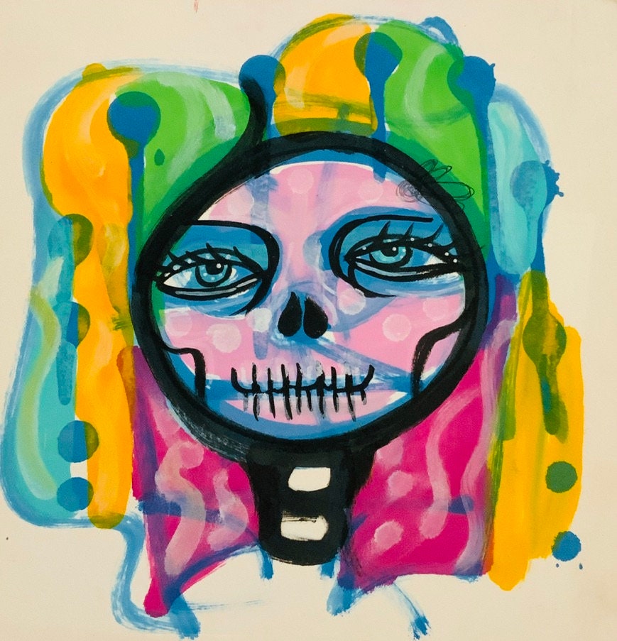 Dark Pop Art Lady Skull, Comic Cartoon Surrealism, Bright Colors ...