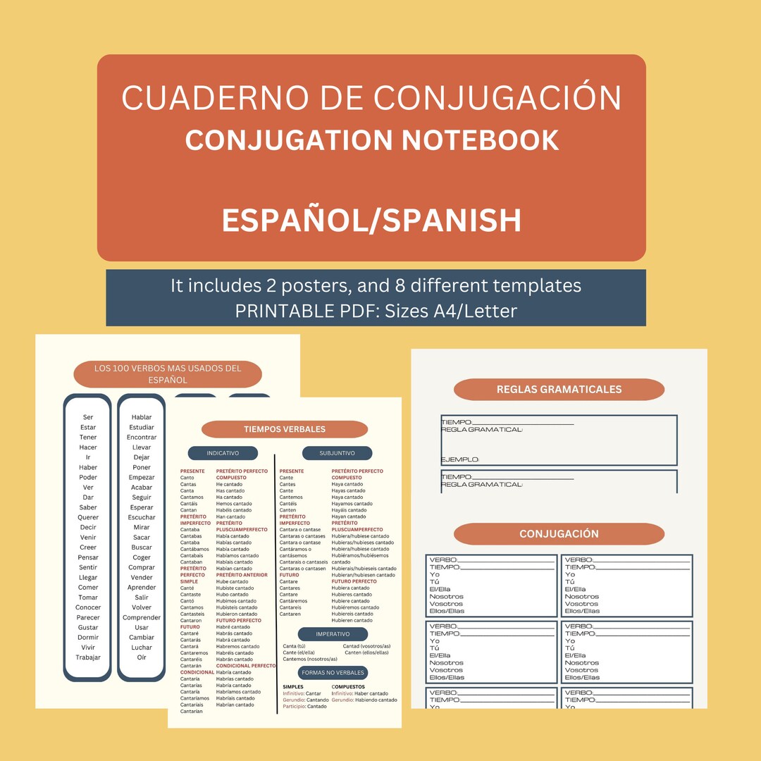 Spanish Conjugation Templates, Table Printable PDF Notebook, Digital ...