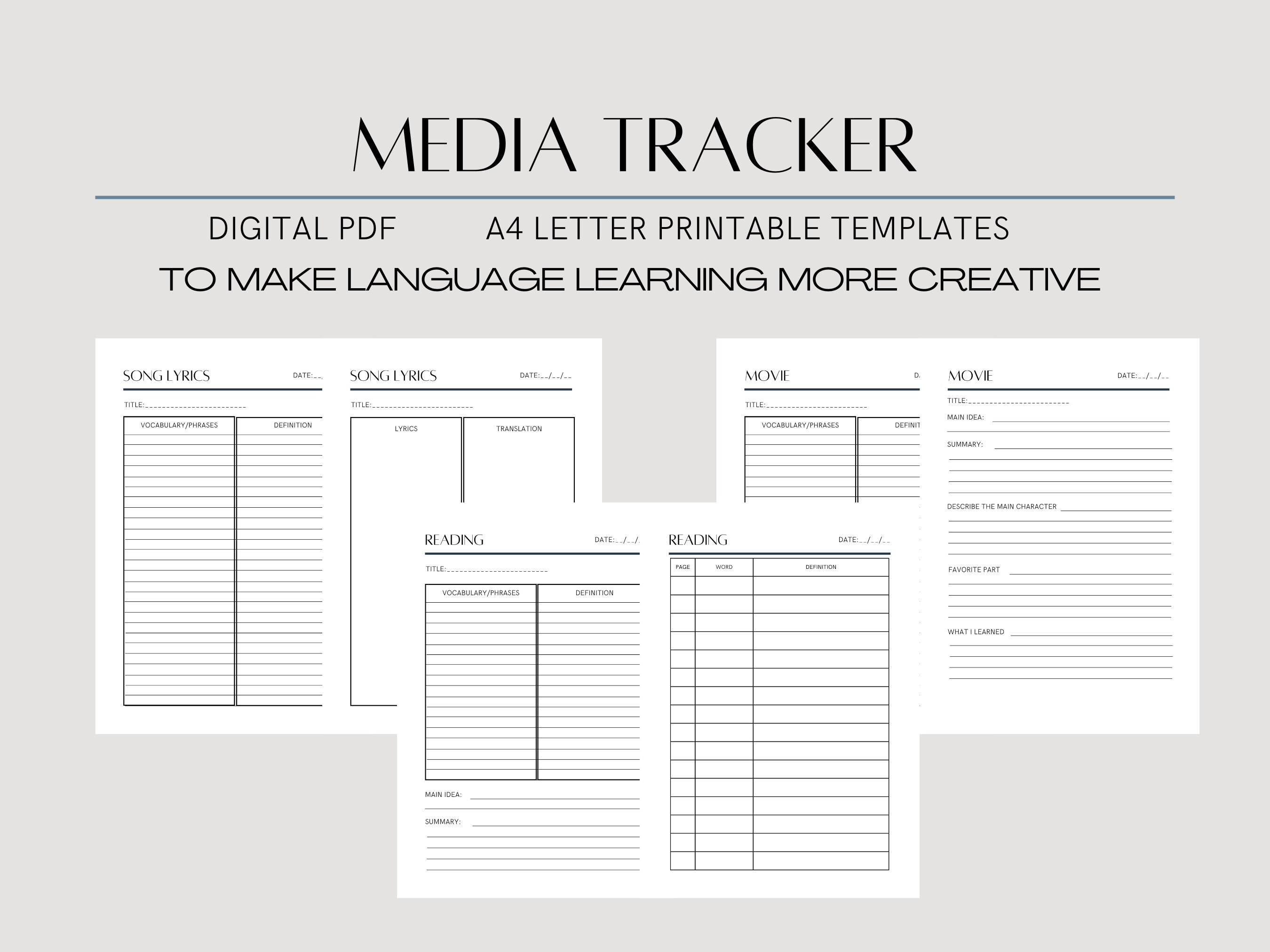 Language Learning Planner Media Tracker, Vocabulary, Templates, Reading ...