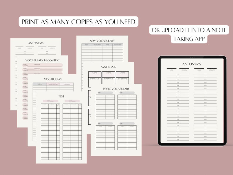 Vocabulary Language Learning Notebook Set, Worksheets, Printable ...