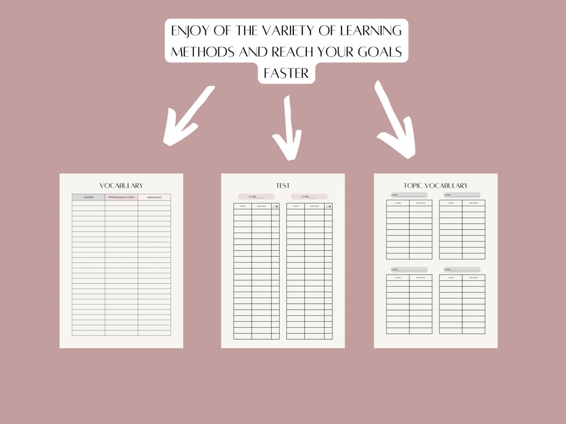 Vocabulary Language Learning Notebook Set, Worksheets, Printable ...