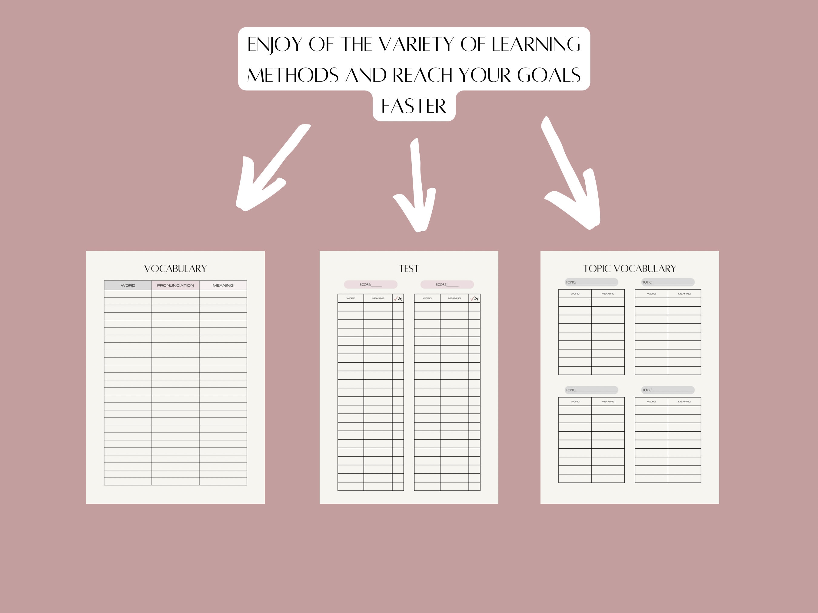 Vocabulary Language Learning Notebook Set, Worksheets, Printable ...