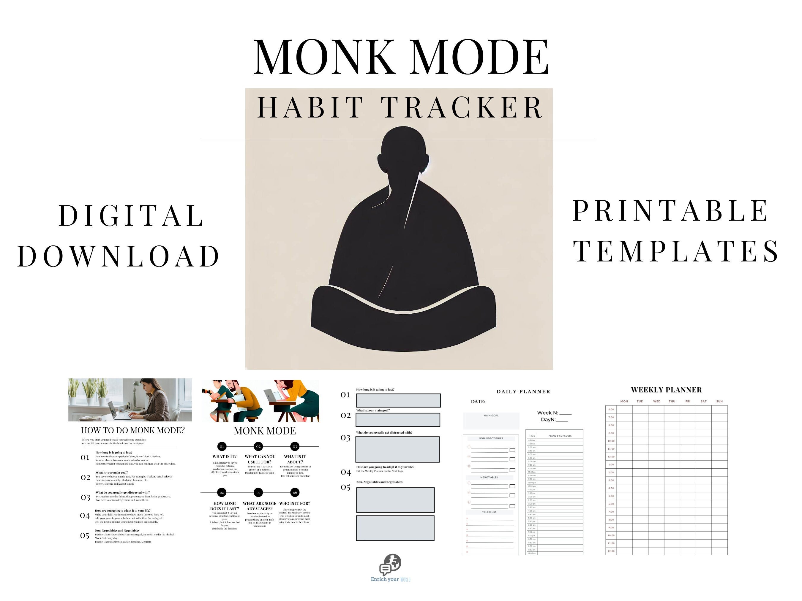 Monk Mode Habit Tracker Guide & Printable, Productivity, Business ...