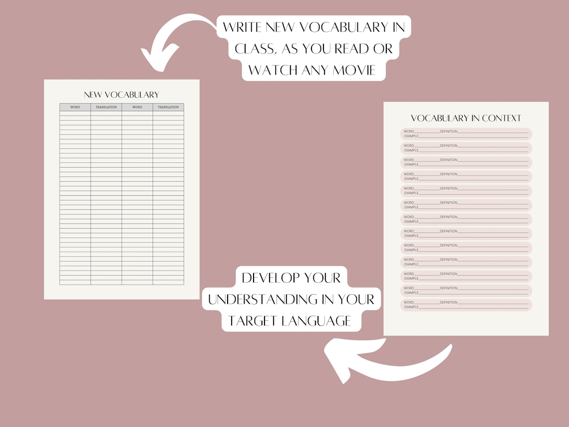 Vocabulary Language Learning Notebook Set, Worksheets, Printable ...