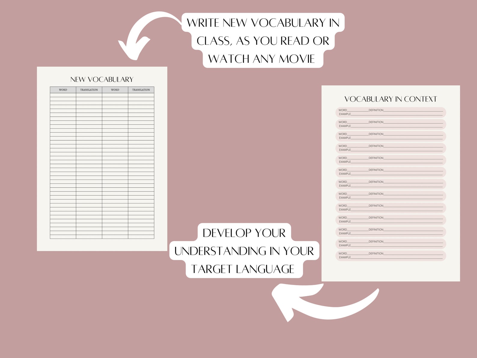 Vocabulary Language Learning Notebook Set, Worksheets, Printable ...