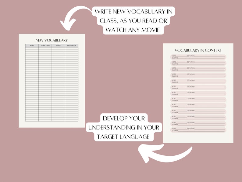 Vocabulary Language Learning Notebook Set, Worksheets, Printable ...