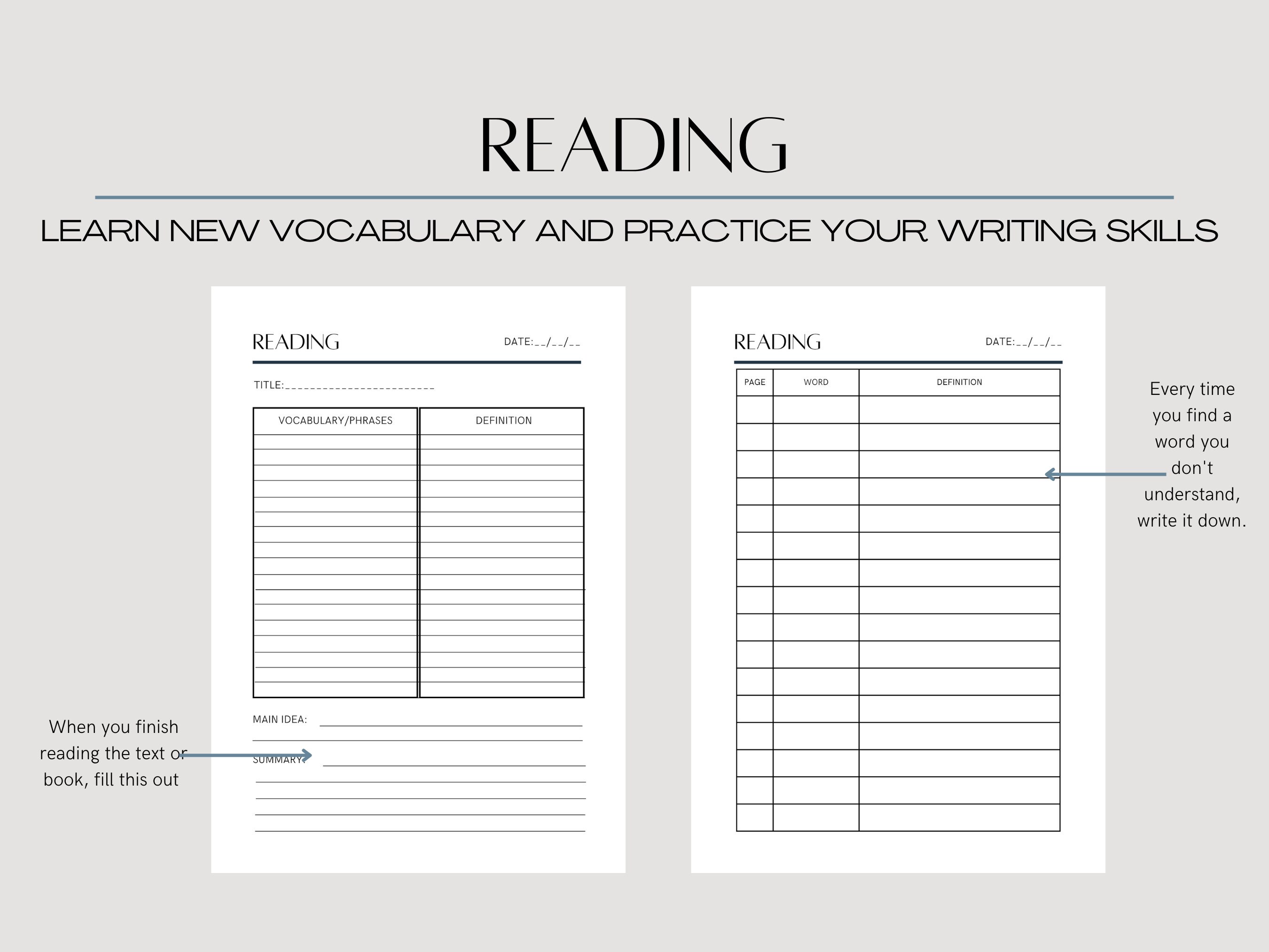 Language Learning Planner Media Tracker, Vocabulary, Templates, Reading ...