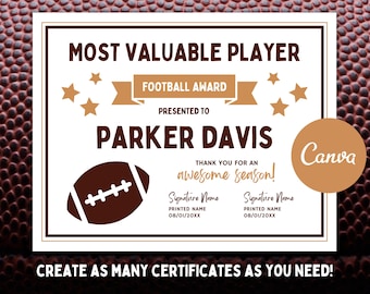 Editable End of Season Football Award Certificates With Photo. - Etsy