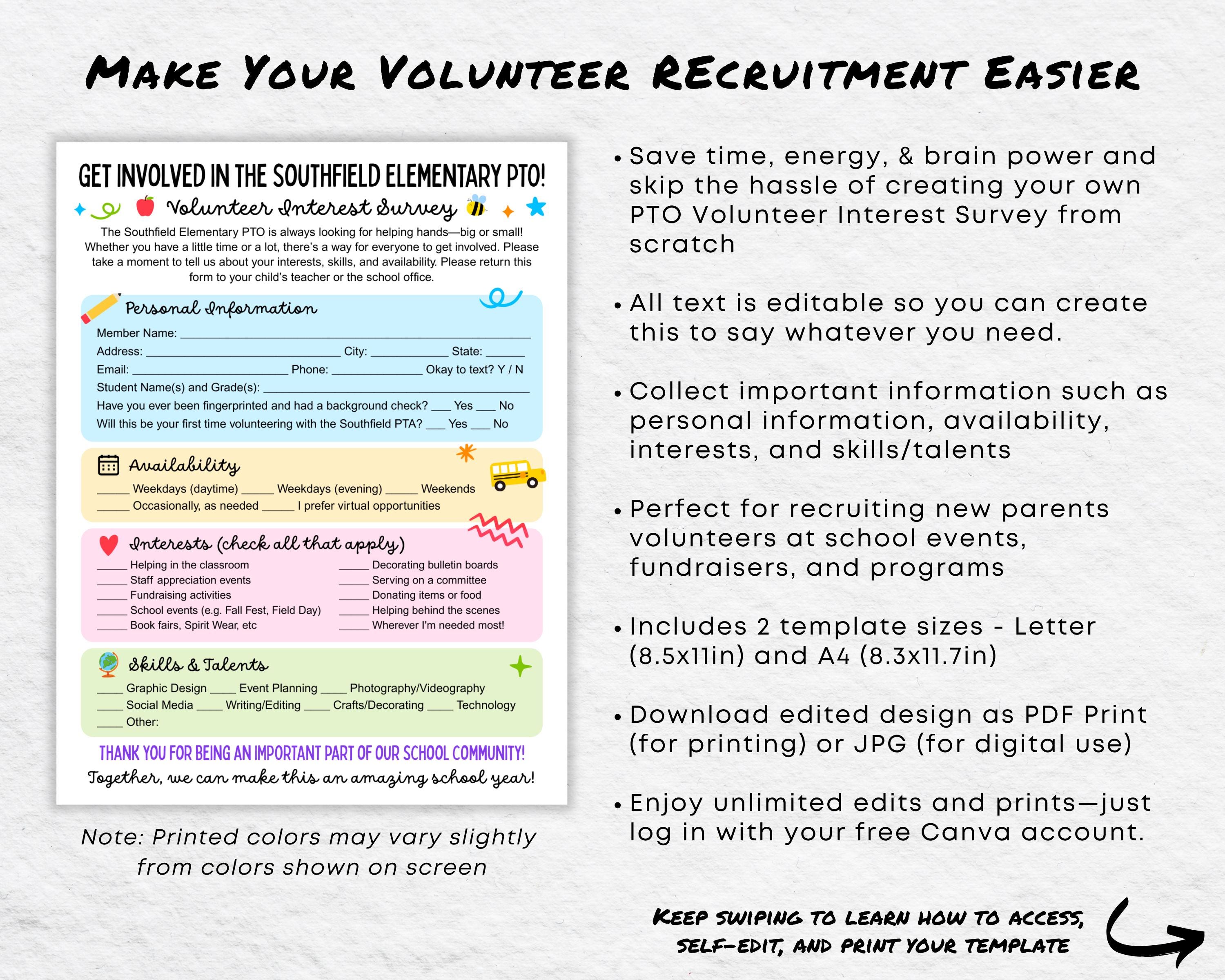 Editable PTA PTO Volunteer Survey Template: Canva Sign-up Form (digital ...