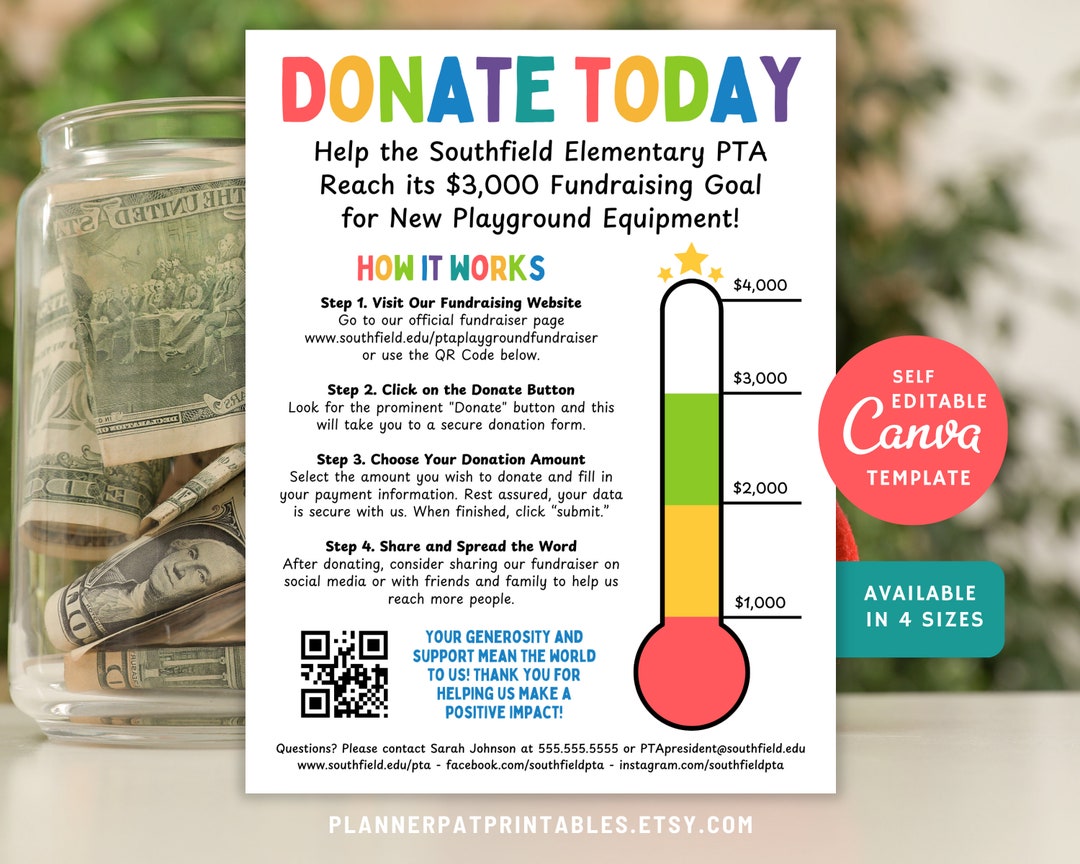 PTA Goal Thermometer Flyer Template, Editable Fundraising Poster With 4 ...