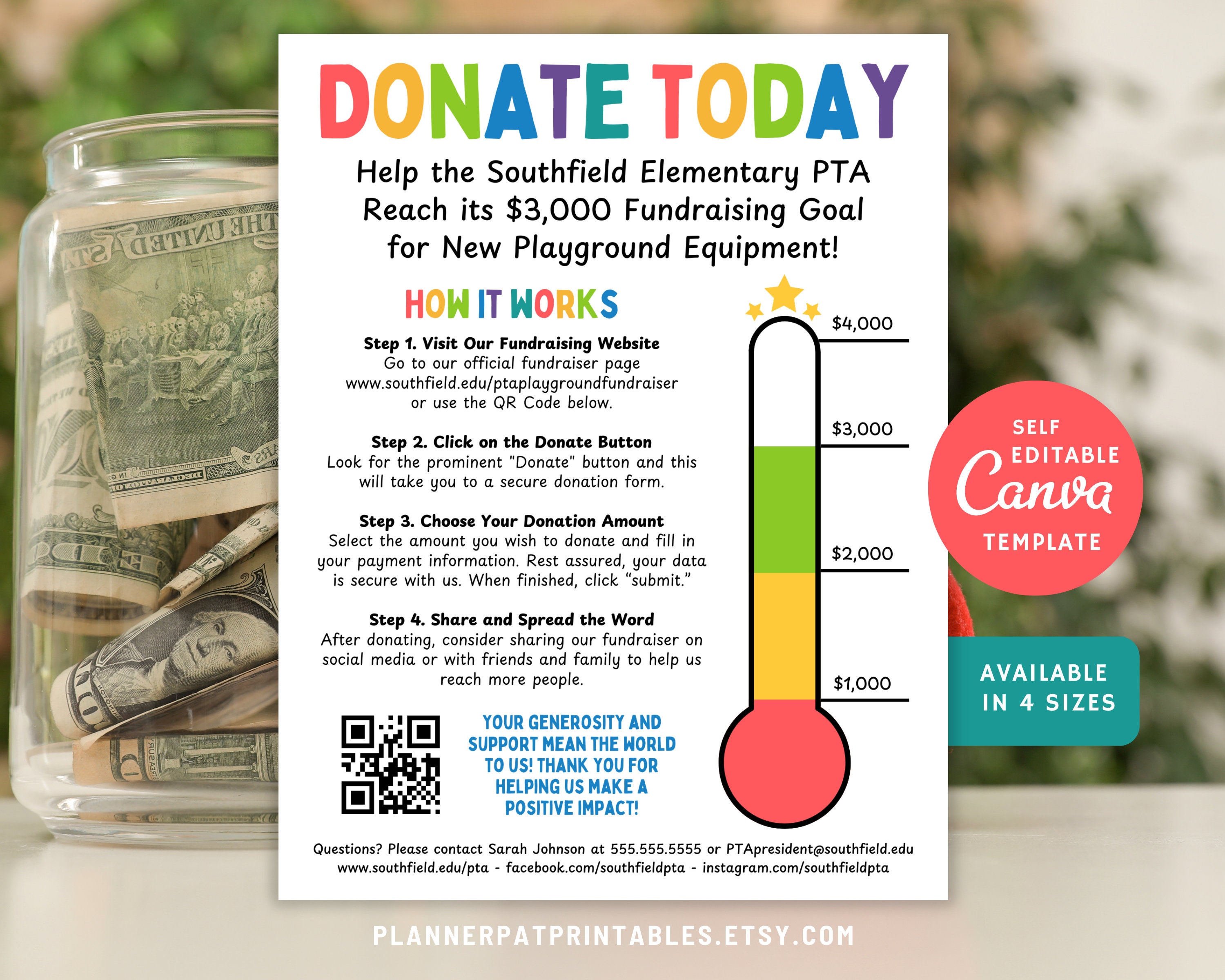 Editable School PTA PTO Fundraising Thermometer Flyer: Donation Tracker ...