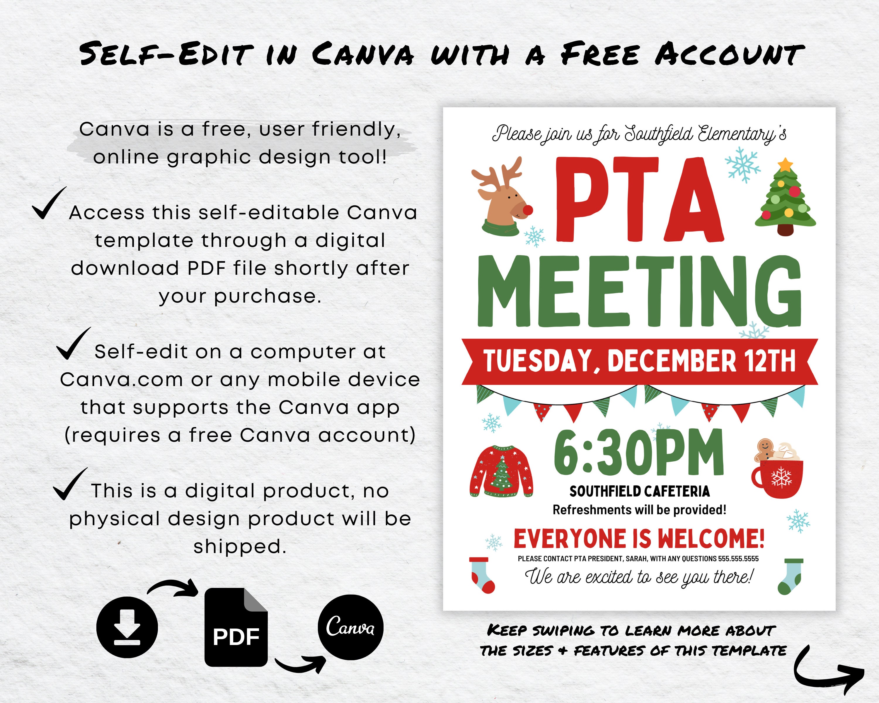 Christmas PTA Meeting Flyer, Editable Holiday School Invitation (canva ...