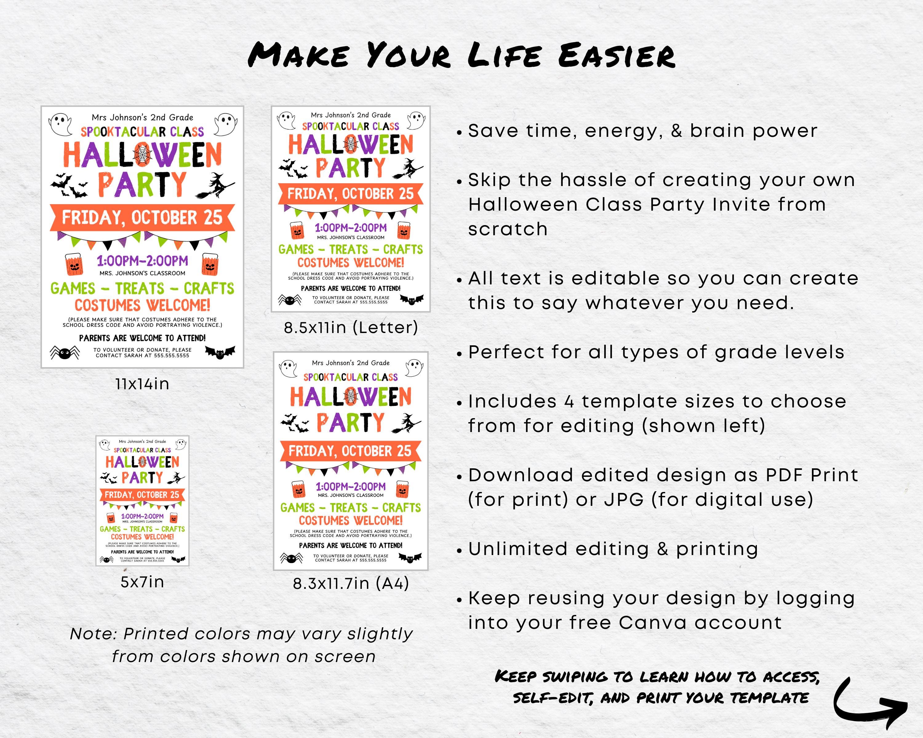 Editable Halloween Class Party Invite: Elementary School Flyer Template ...