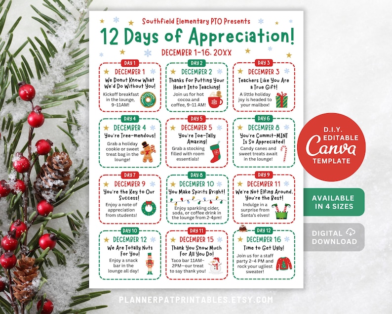 12 Days of Christmas Teacher Appreciation Flyer: Editable Printable ...