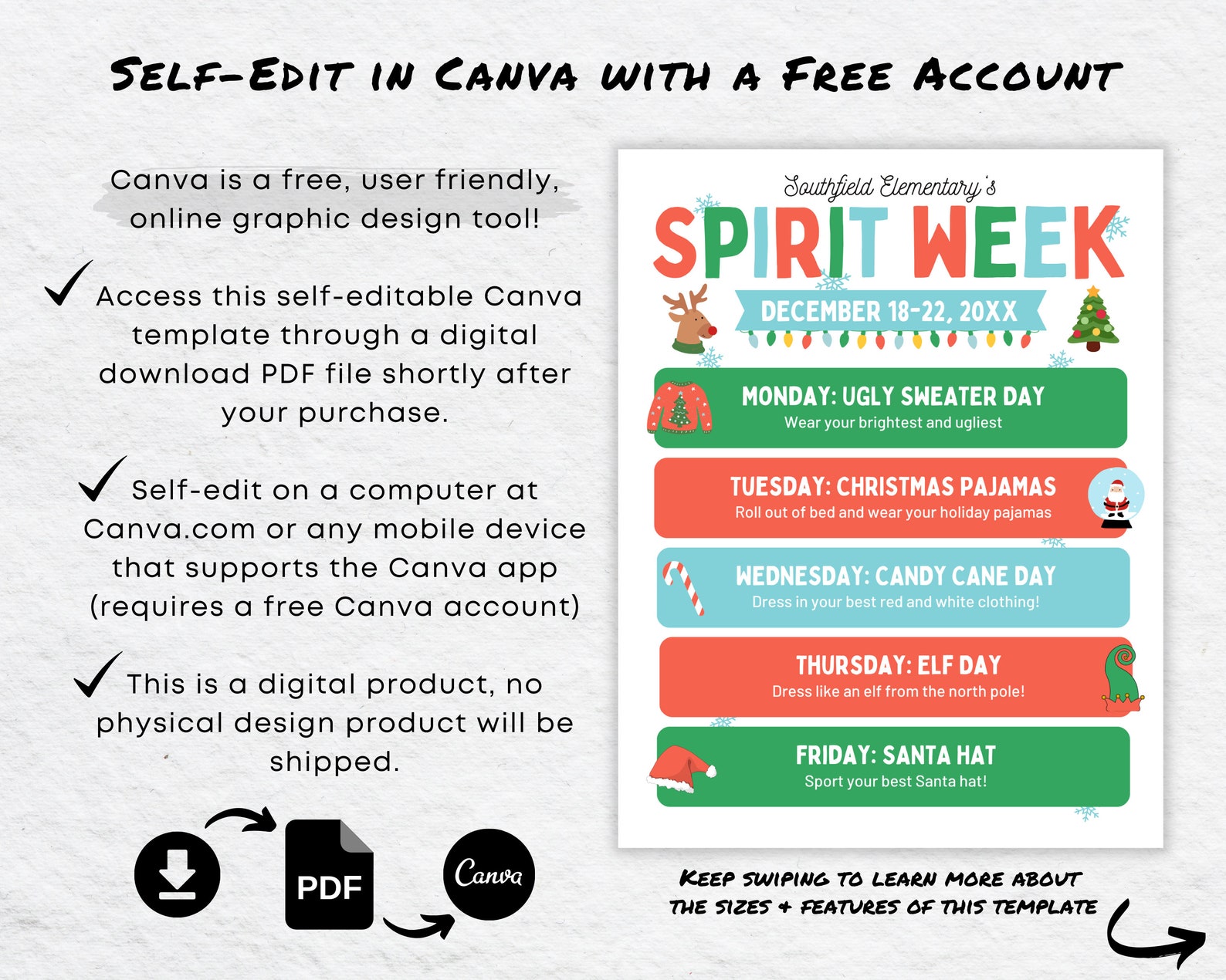 Editable Christmas Spirit Week Flyer: Holiday Dress up Schedule (canva ...