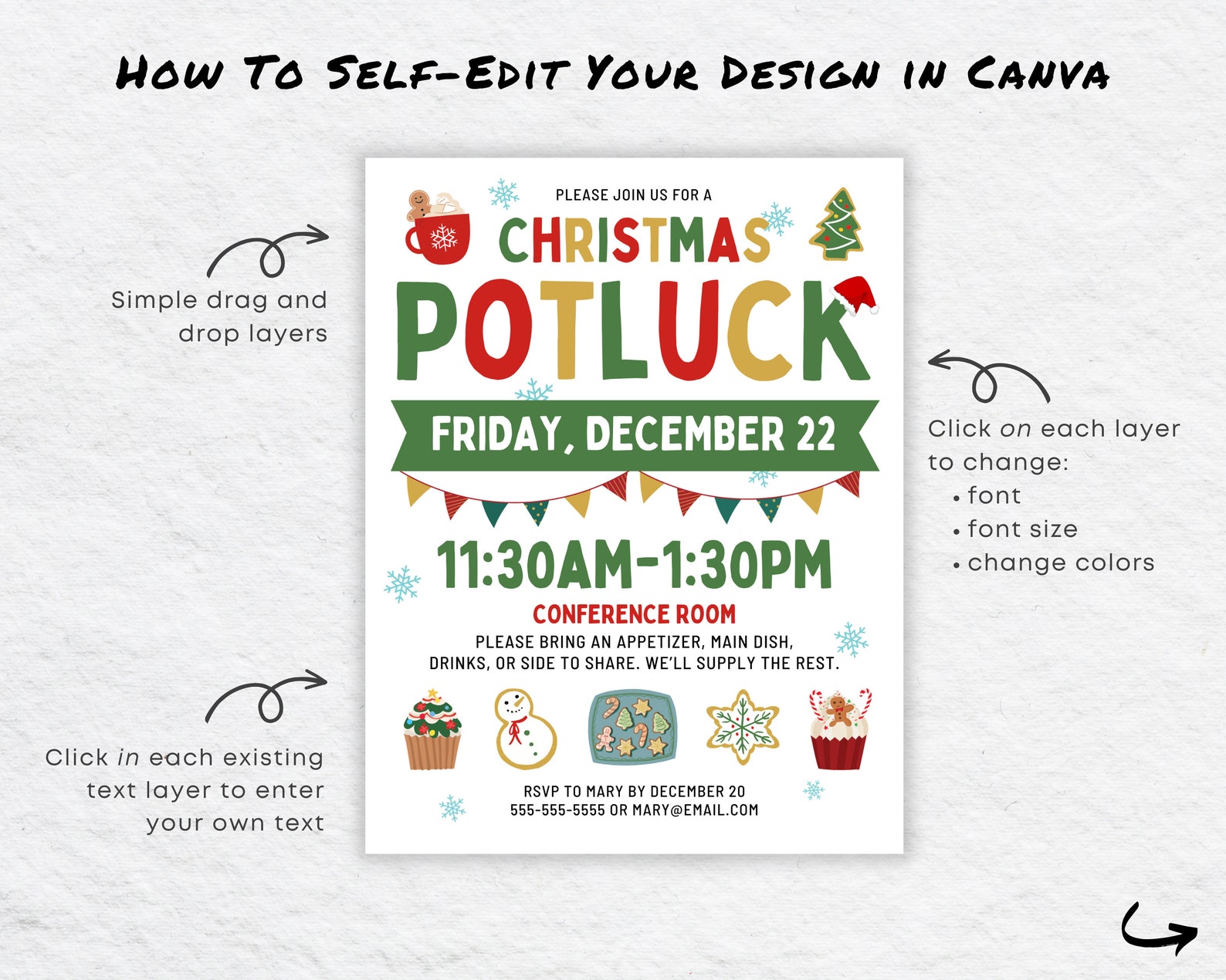 Editable Christmas Potluck Flyer Template, Holiday Party Invite, Canva ...