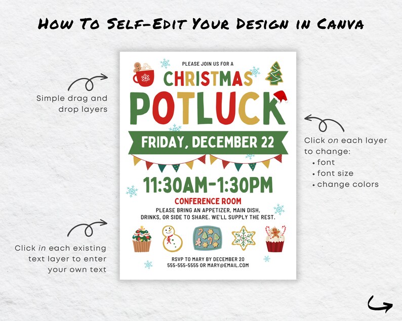 Editable Christmas Potluck Flyer Template, Holiday Party Invite, Canva ...