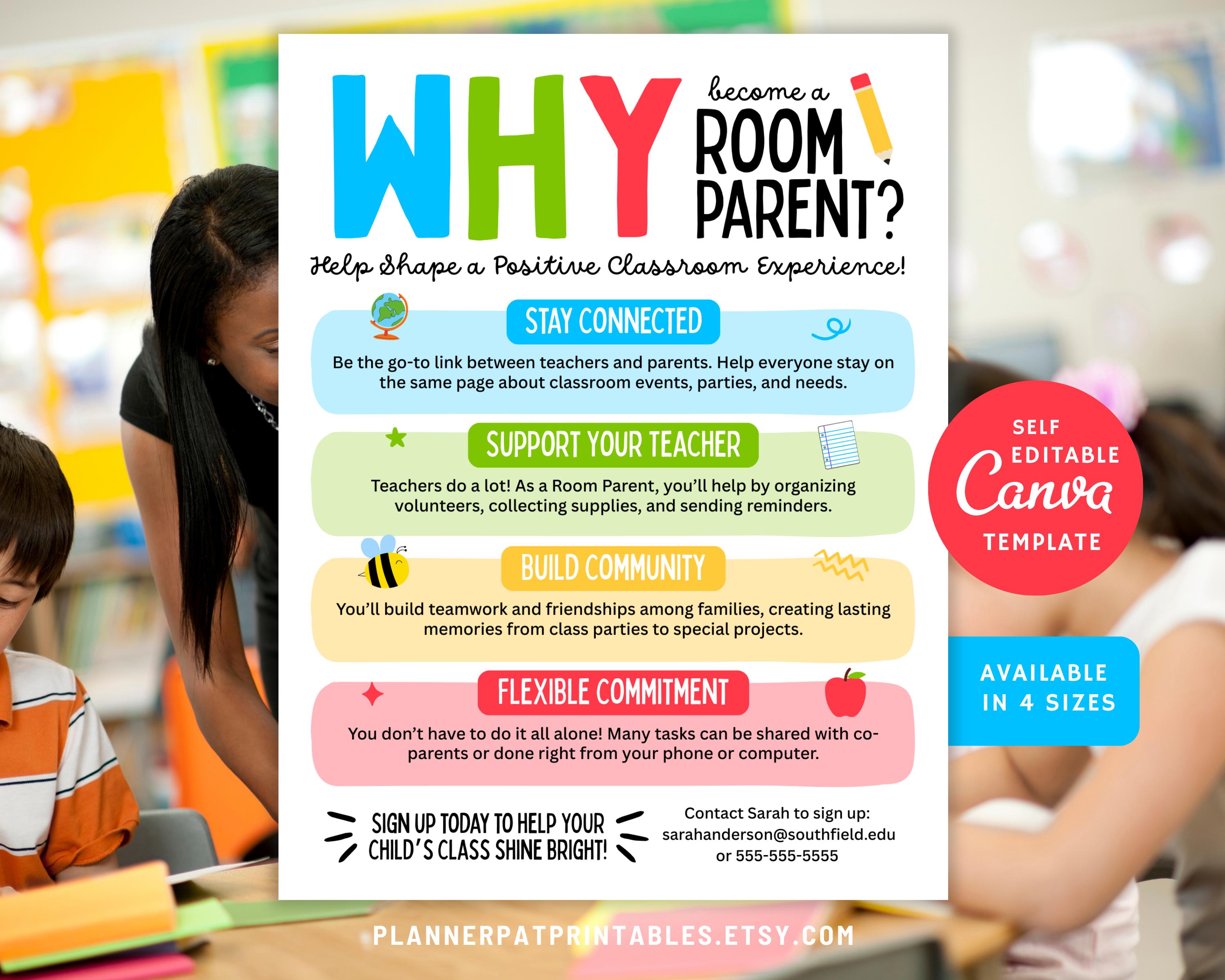 Editable Room Parent Flyer | Canva Classroom Volunteer Recruitment ...