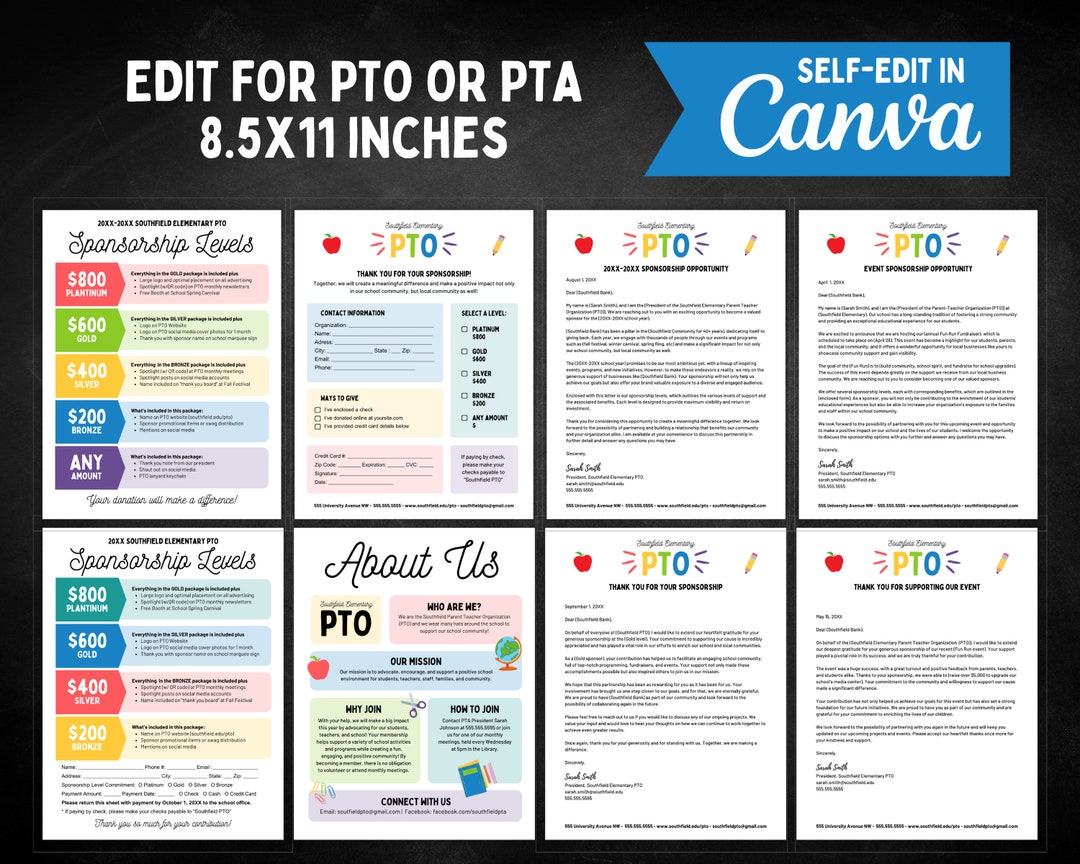 Editable PTA PTO Sponsorship Form Bundle: Canva Templates (digital ...
