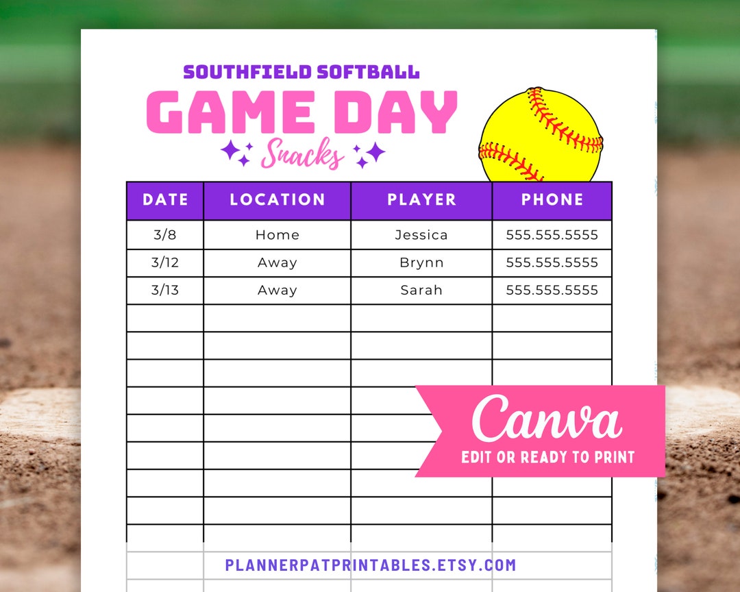 Softball Snack Schedule Sign up Sheet Printable, Editable Canva ...