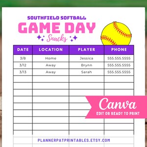 Softball Snack Schedule Sign up Sheet Printable, Editable Canva ...
