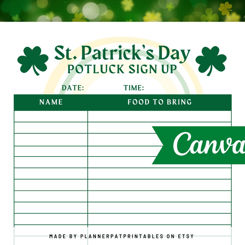 St Patrick's Day Potluck Sign up Sheet - Etsy