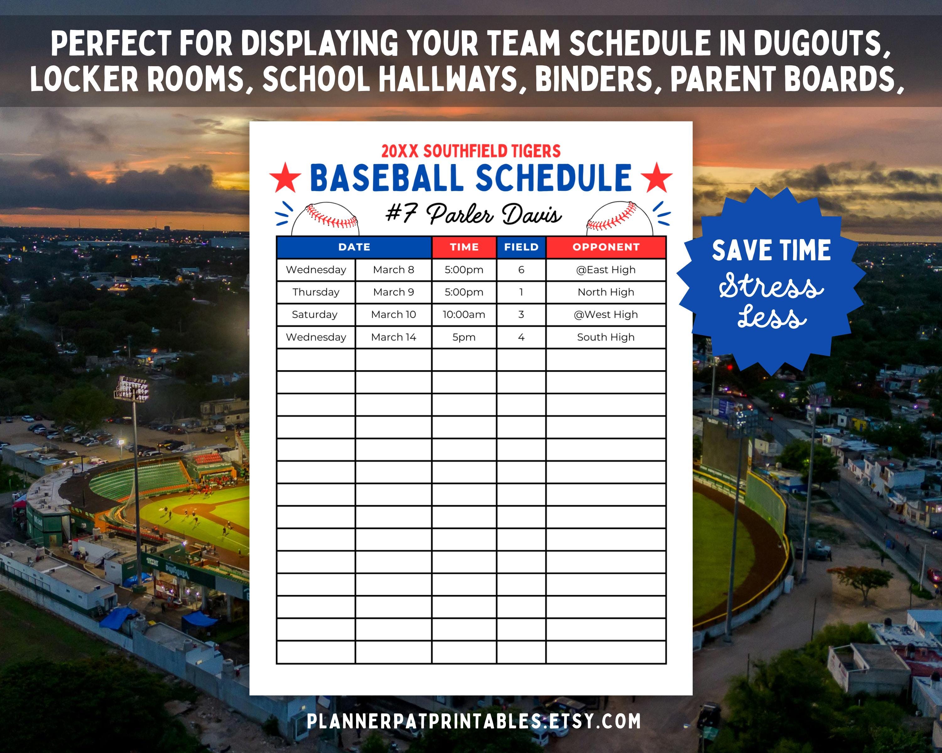Editable Baseball Schedule Template | Canva Sports Game Calendar ...
