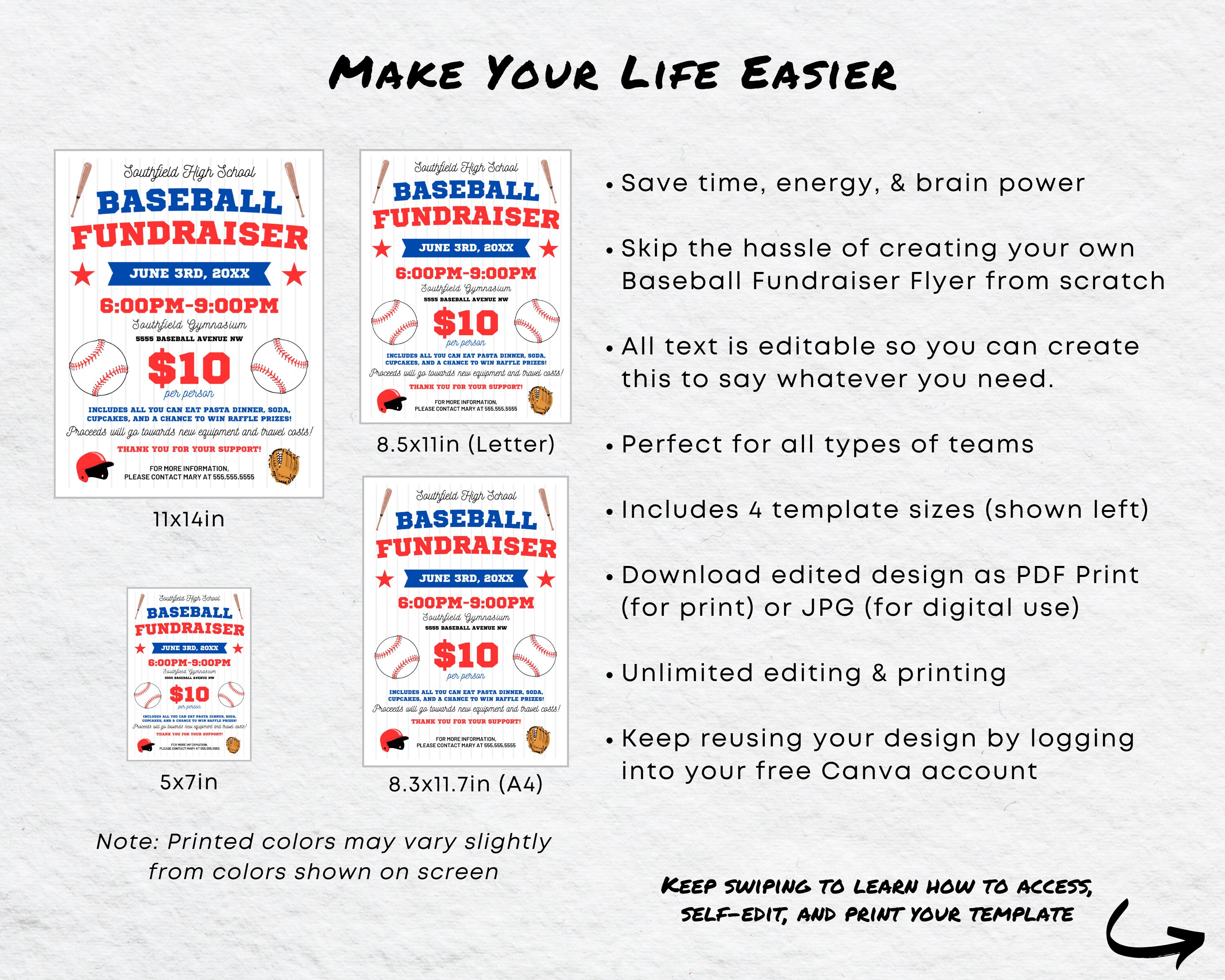 Editable Baseball Fundraiser Flyer Template, Team Raffle Poster (canva ...