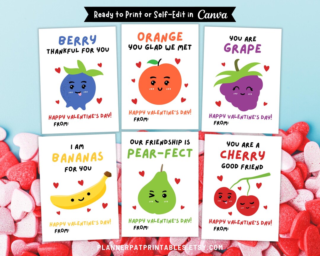 Fruit Valentine Cards for Kids, Punny School Exchange Tags, Editable ...