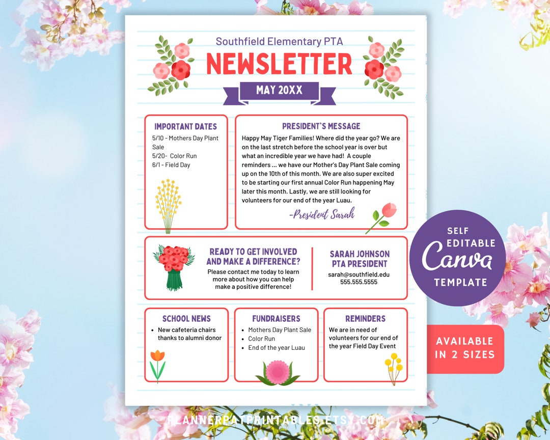 Editable May Newsletter Canva Template, School PTO PTA May News ...