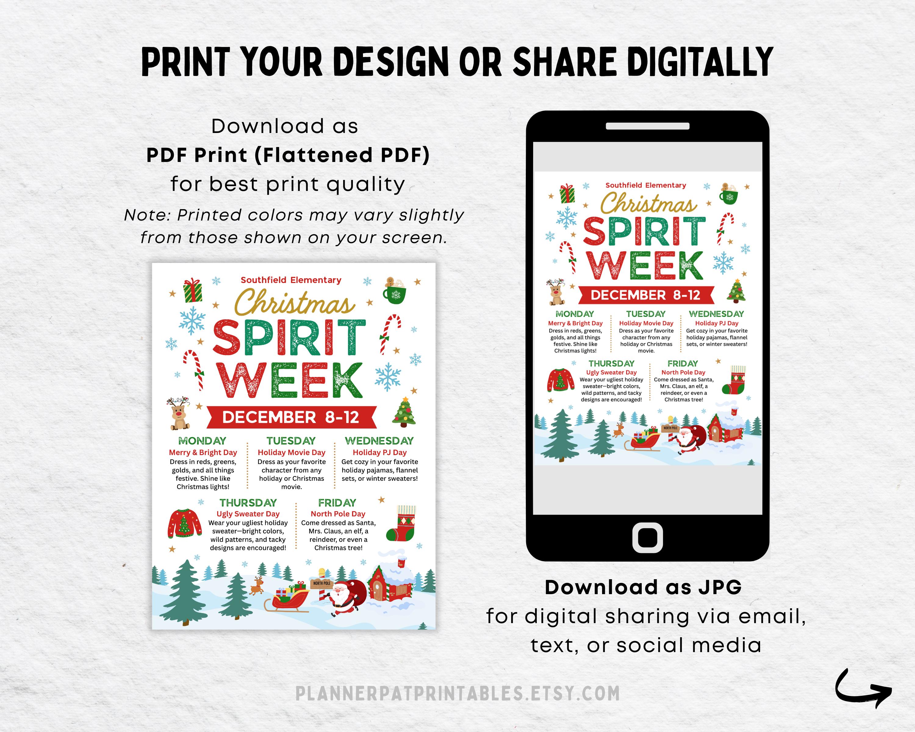 Christmas Spirit Week Flyer | Editable School Dress-up Days Schedule ...