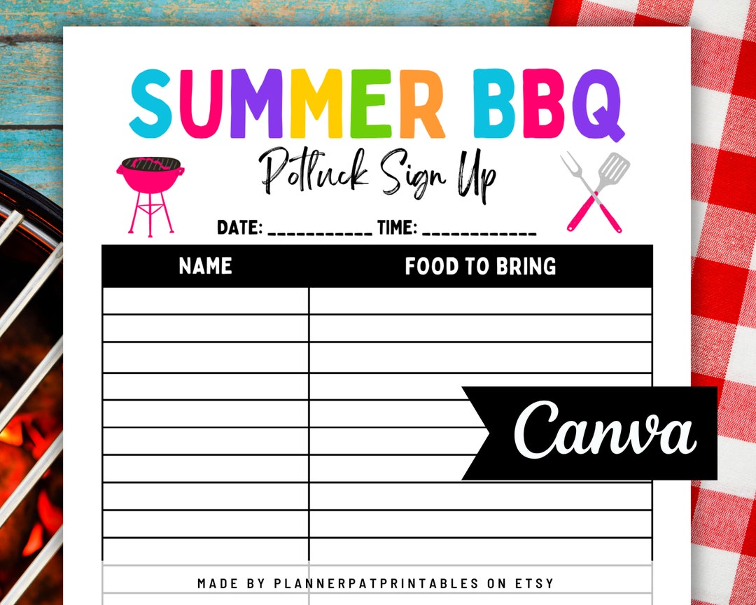 Summer BBQ Potluck Sign up Sheet for Summer Cookout Potluck Party ...