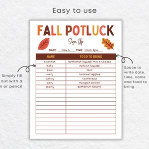 Fall Potluck Sign up Sheet Printable Autumn Harvest Potluck Party ...