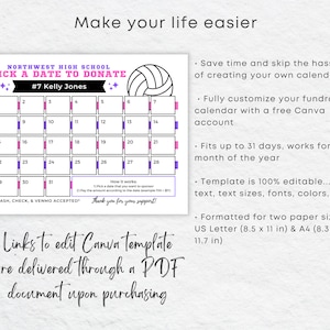 Editable Volleyball Calendar Template: Pick a Date to Donate Fundraiser ...