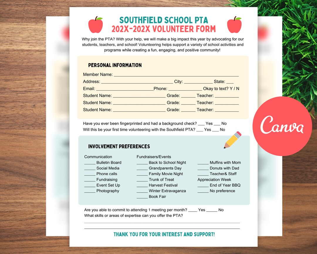 PTA Membership Form Volunteer Survey Editable Canva Template - Etsy