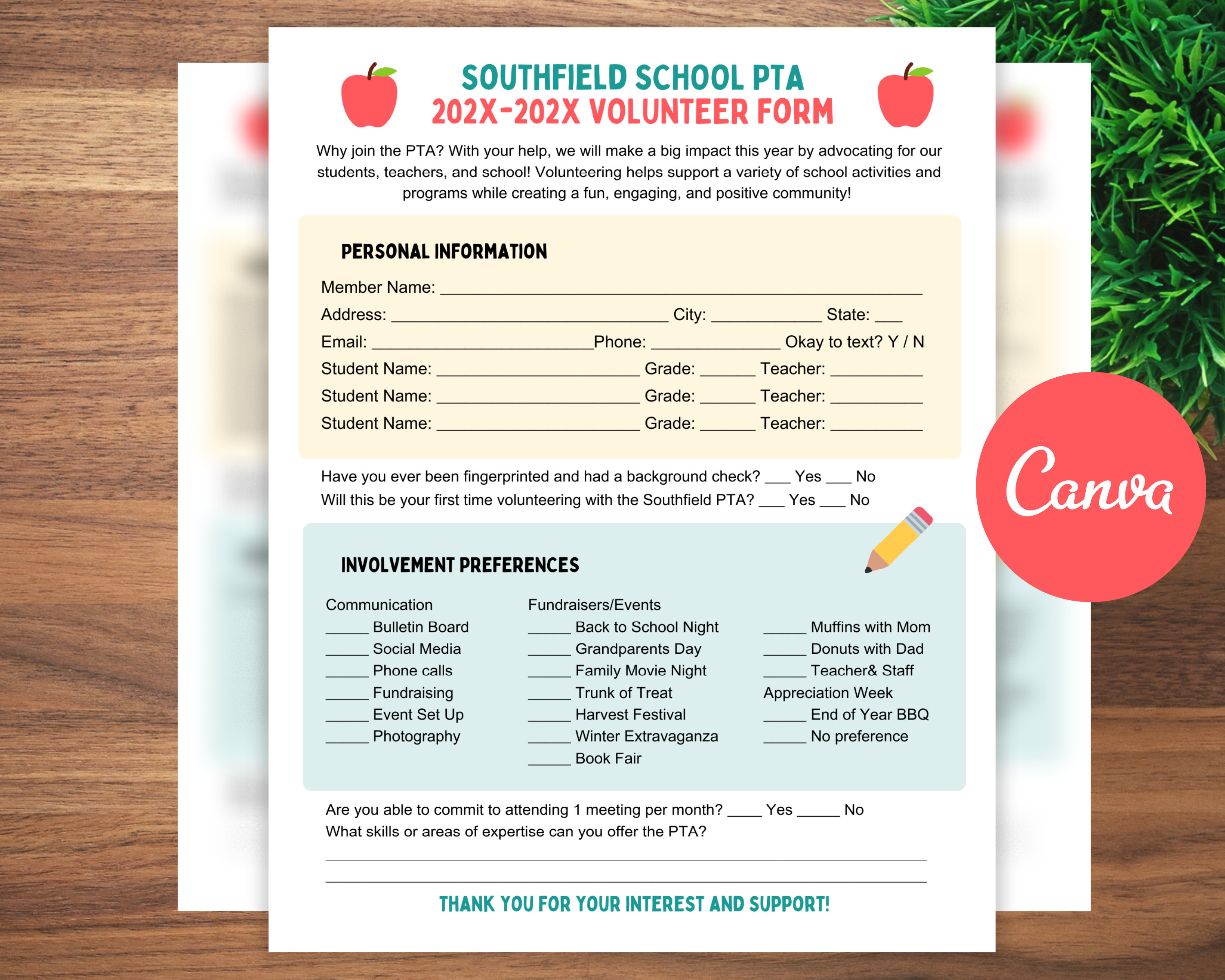 PTA Membership Form Volunteer Survey Editable Canva Template - Etsy